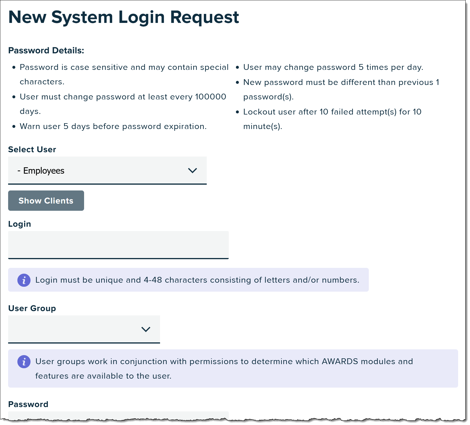 Create New Login – AWARDS